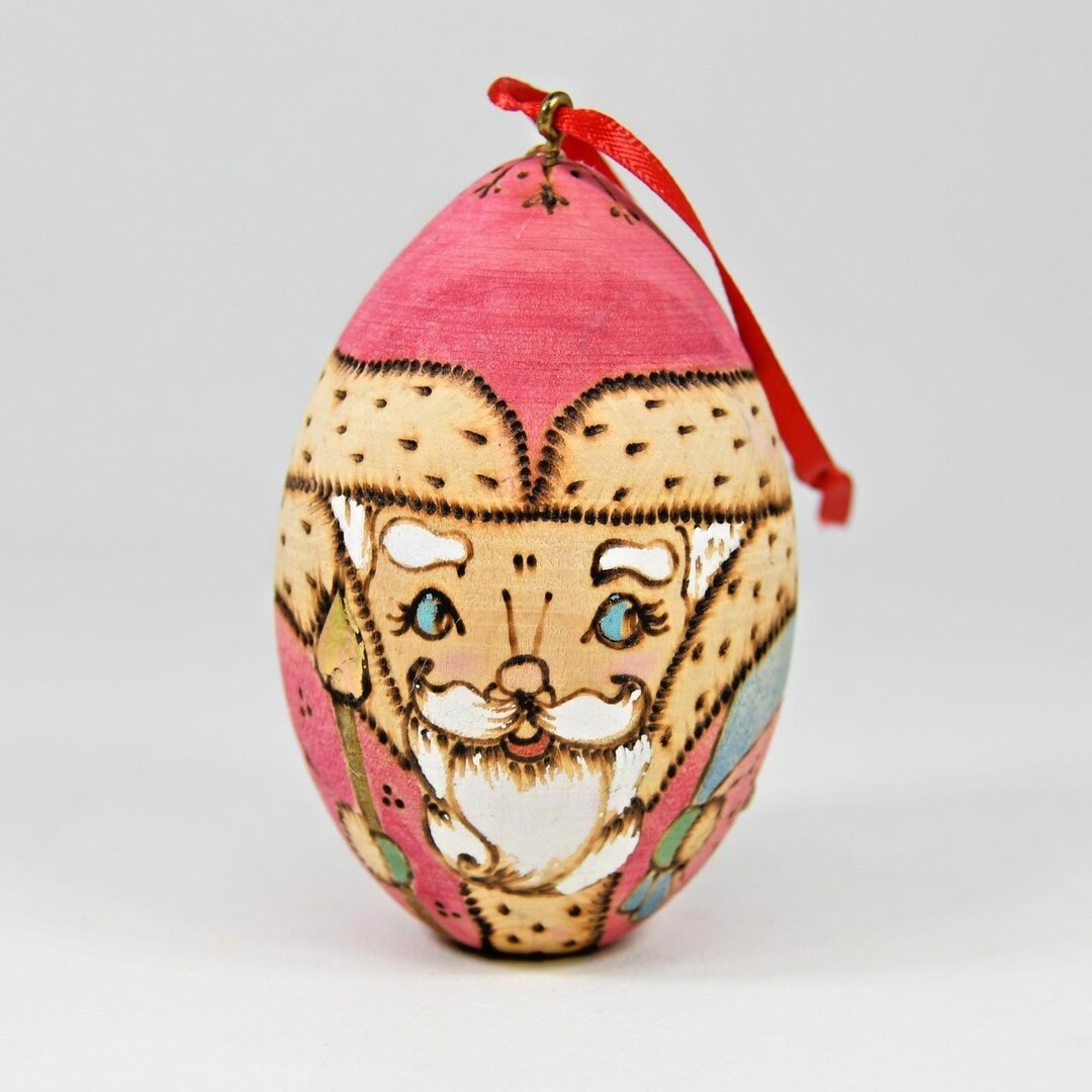 Vtg Handpainted Pyrography Wood Burn Santa Christmas Egg Ornament ...