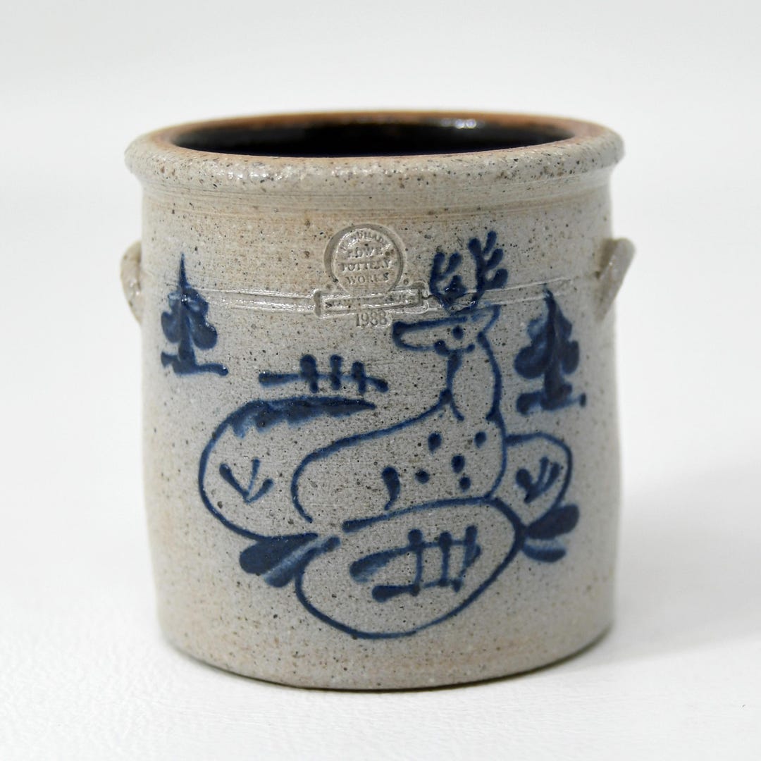 Rowe Pottery Works Miniature Stoneware Crock Deer Reindeer Buck 1.75 ...