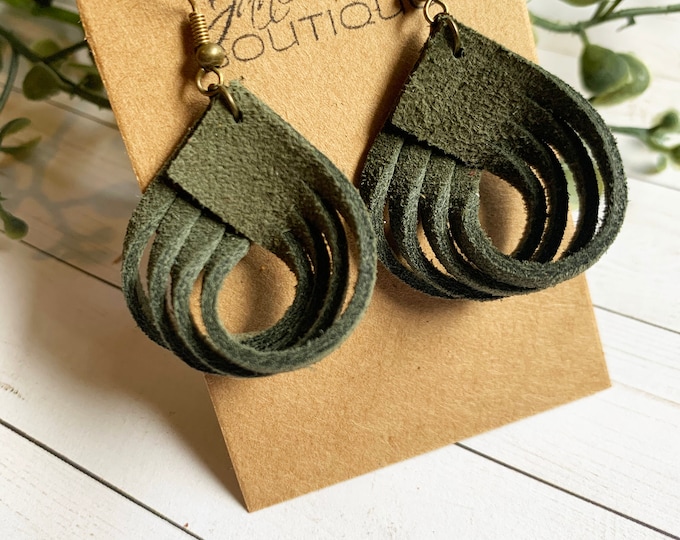 Olive Green Suede Earring, Fringe Loop Earring, Suede Jewelry, Loop ...
