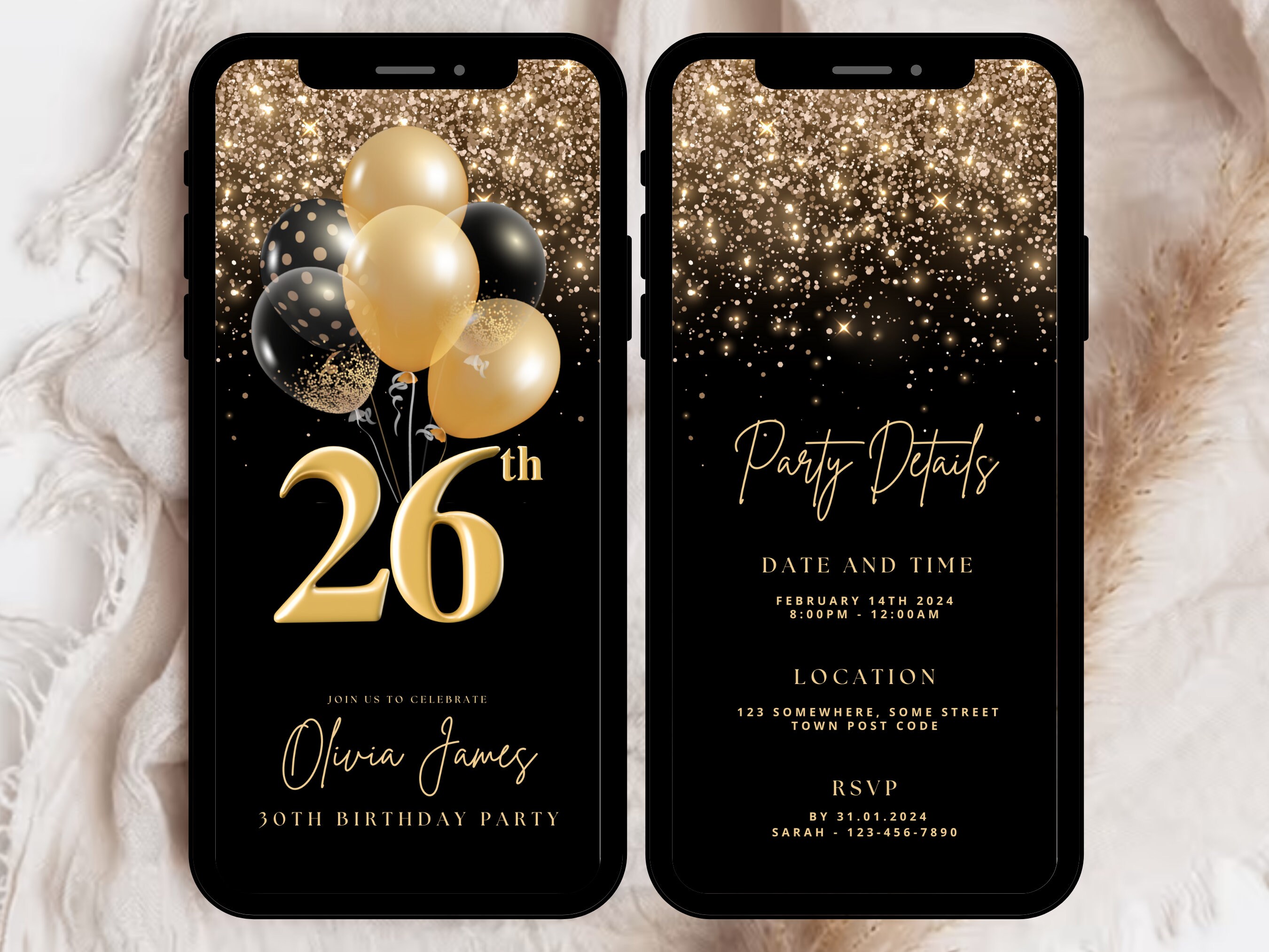 Digital 26th Birthday Invitation Template, Black and Gold Invitation ...
