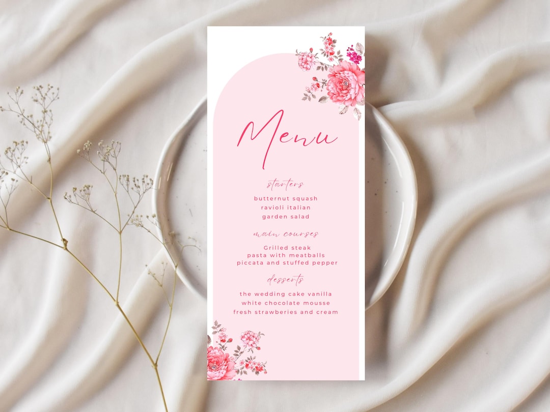 Pink Floral Wedding Breakfast Menu Template Editable, Bachelorette Pink ...