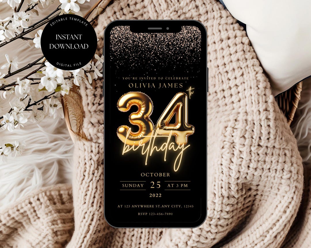 34th Birthday Digital Invitation Template, Editable 34th Party ...