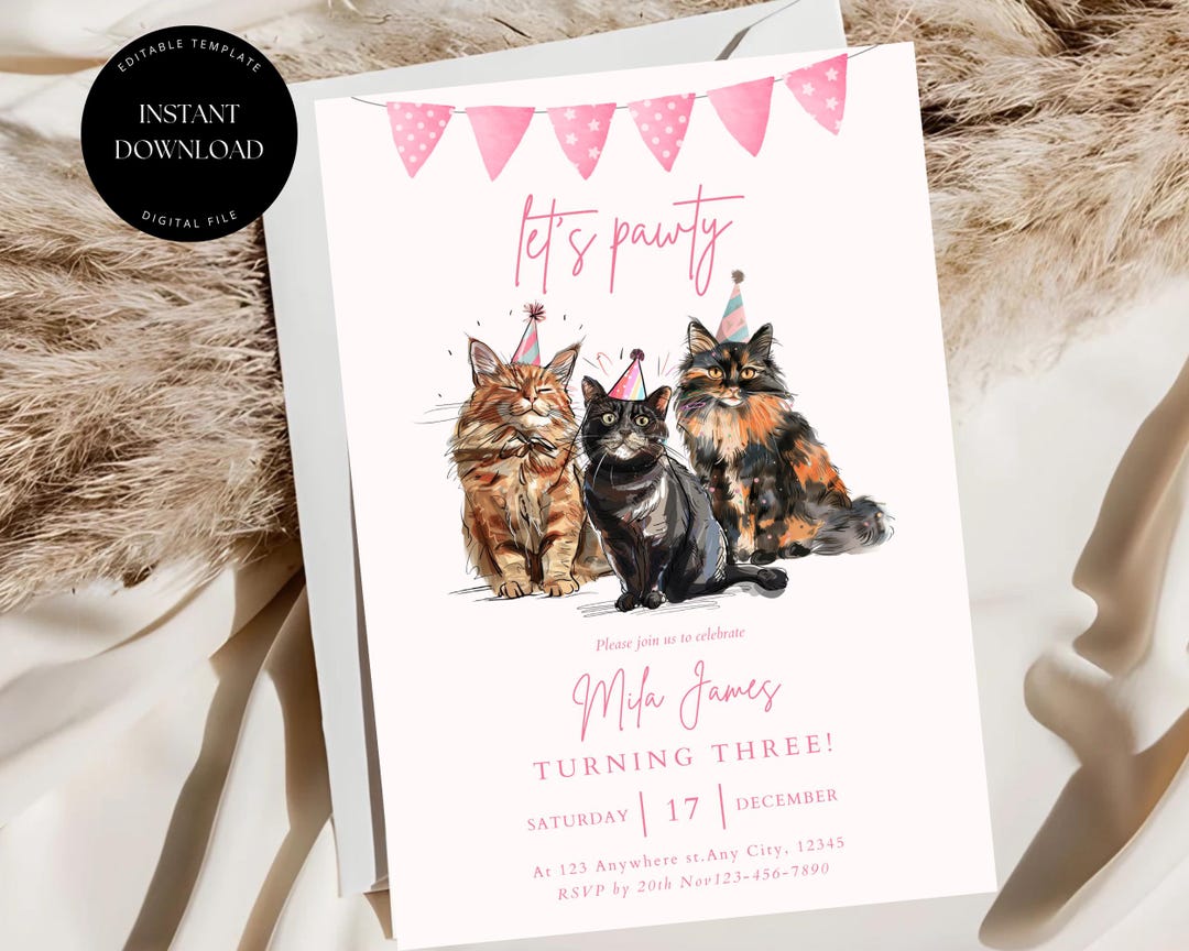 Printable Cat Birthday Party Invitation Template, Editable Cat Party ...