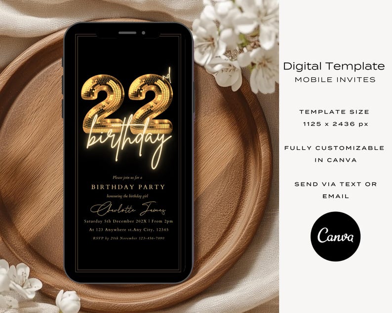 22nd Birthday Party Invitation Template, 22nd Digital Invitation for ...