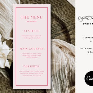 Pink Minimalist Wedding Menu Template, Bridal Shower Menu Template in ...