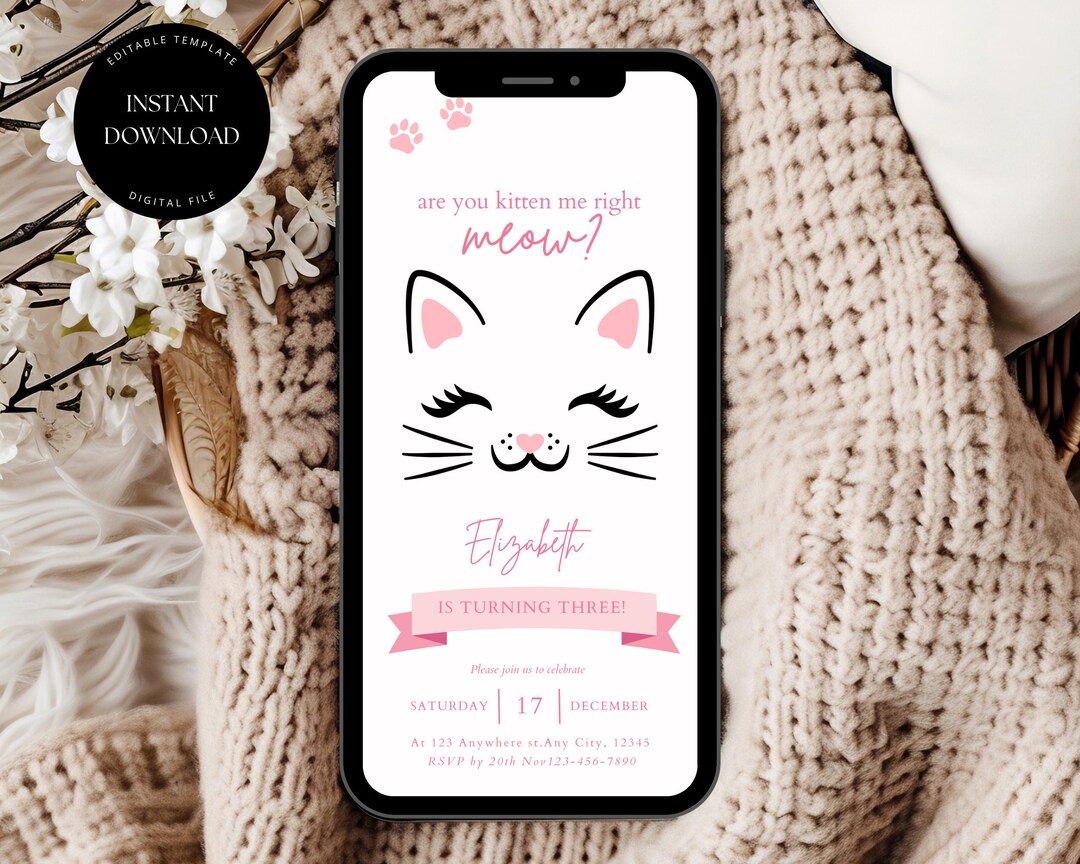 Cat Birthday Party Invitation Template, Kitten Party Digital Invitation ...