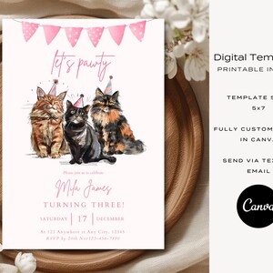 Printable Cat Birthday Party Invitation Template, Editable Cat Party ...