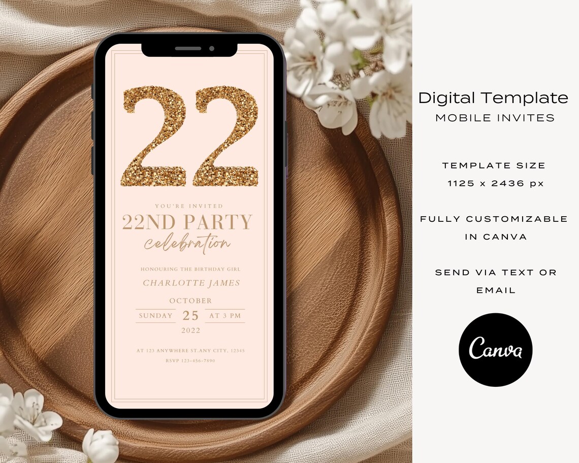22nd Birthday Party Invitation Template, Editable 22nd Birthday ...