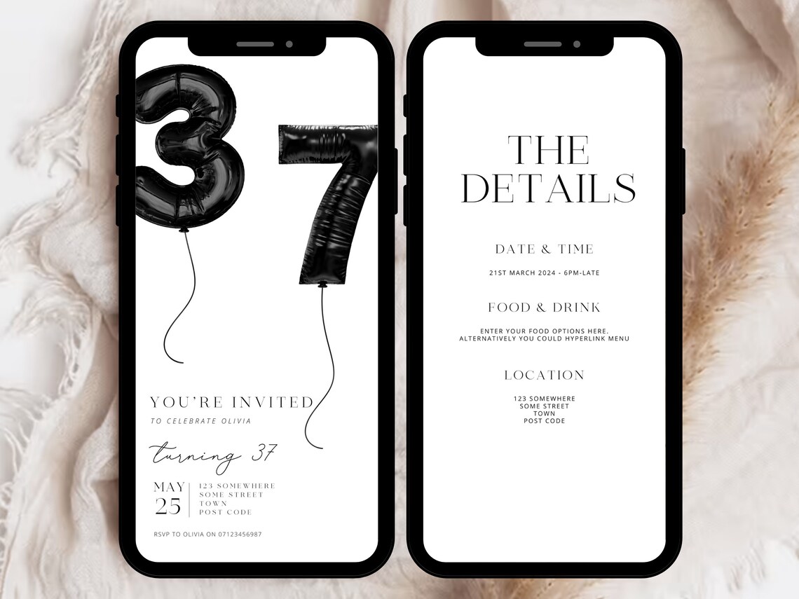 Digital 37th Birthday Invitation, 37th Birthday Party Invitation ...