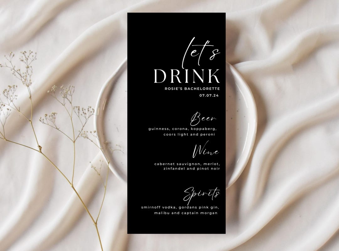 Editable Wedding Drink Menu Template, Printable Black & White Bar Sign ...