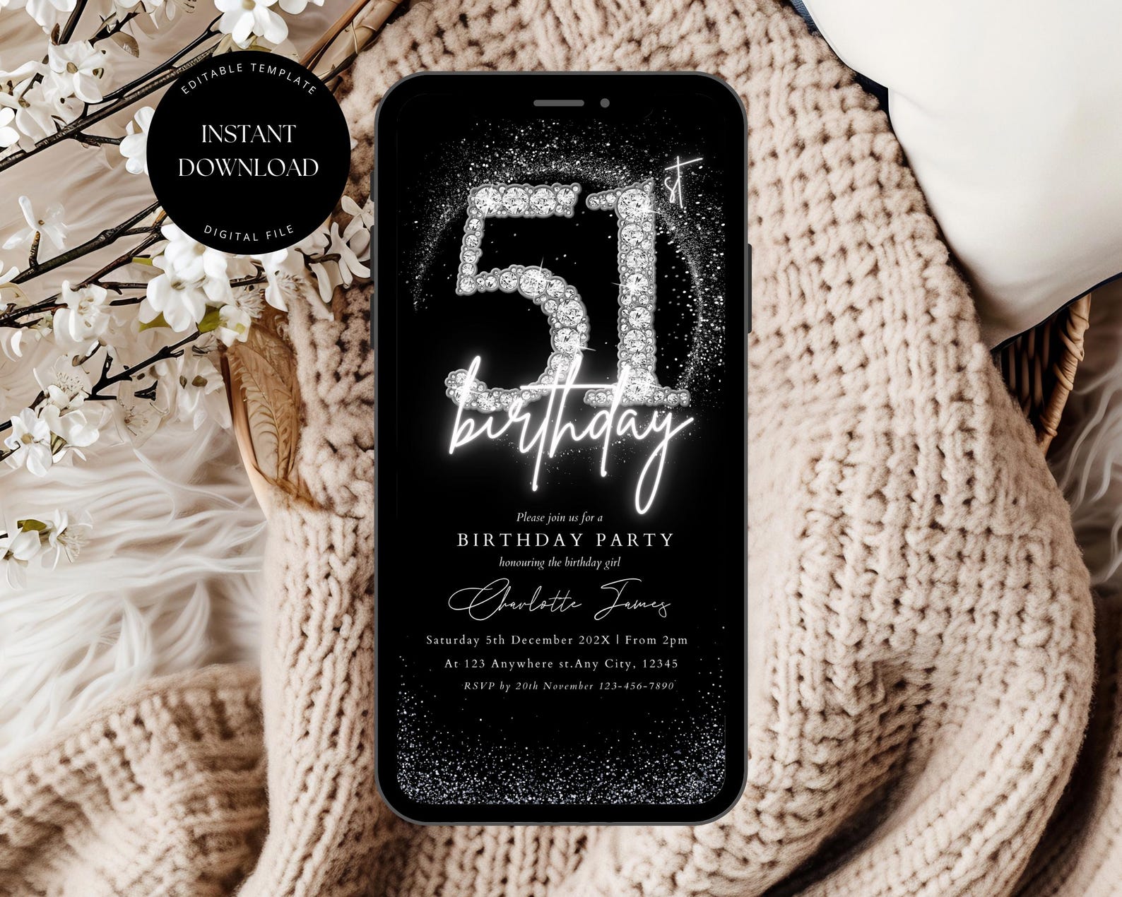 51st Birthday Party Invitation Template, Editable 51st Digital ...