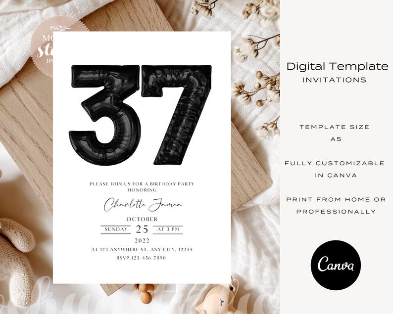 Digital 37th Birthday Party Invitation Template, 37th Birthday ...
