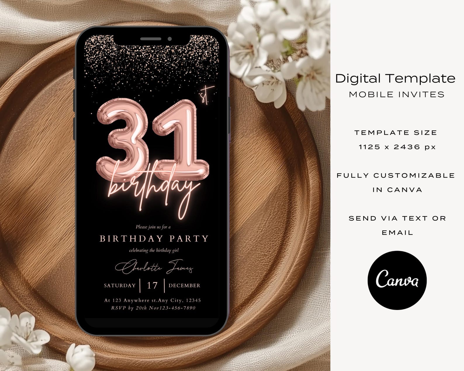Digital 31st Birthday Party Invitation Template, Editable 31st Birthday ...