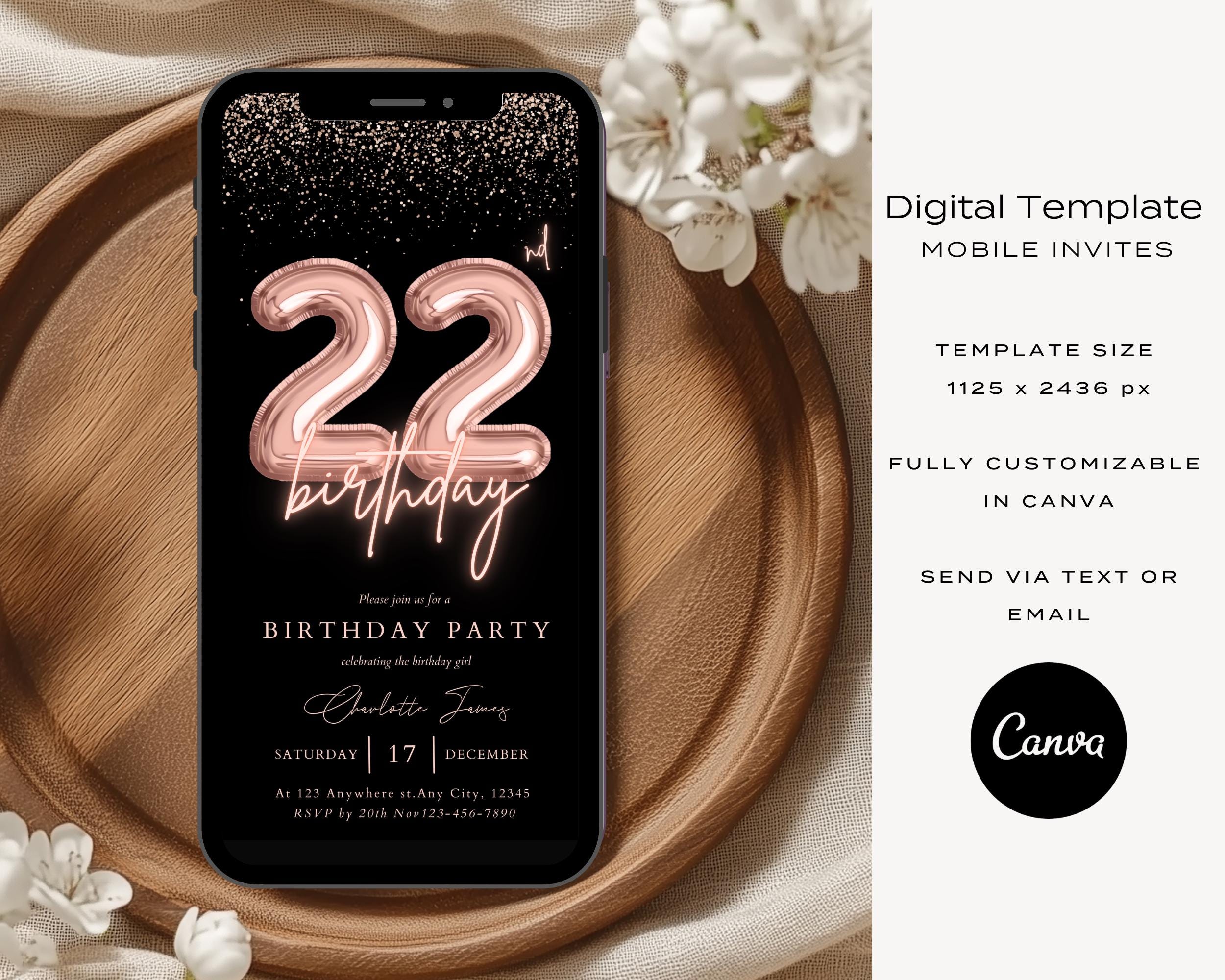 22nd Birthday Party Invitation Template, 22nd Editable Birthday ...