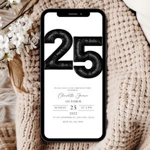 25th Birthday Invitation Template, Black Balloon, Modern Evite (digital ...