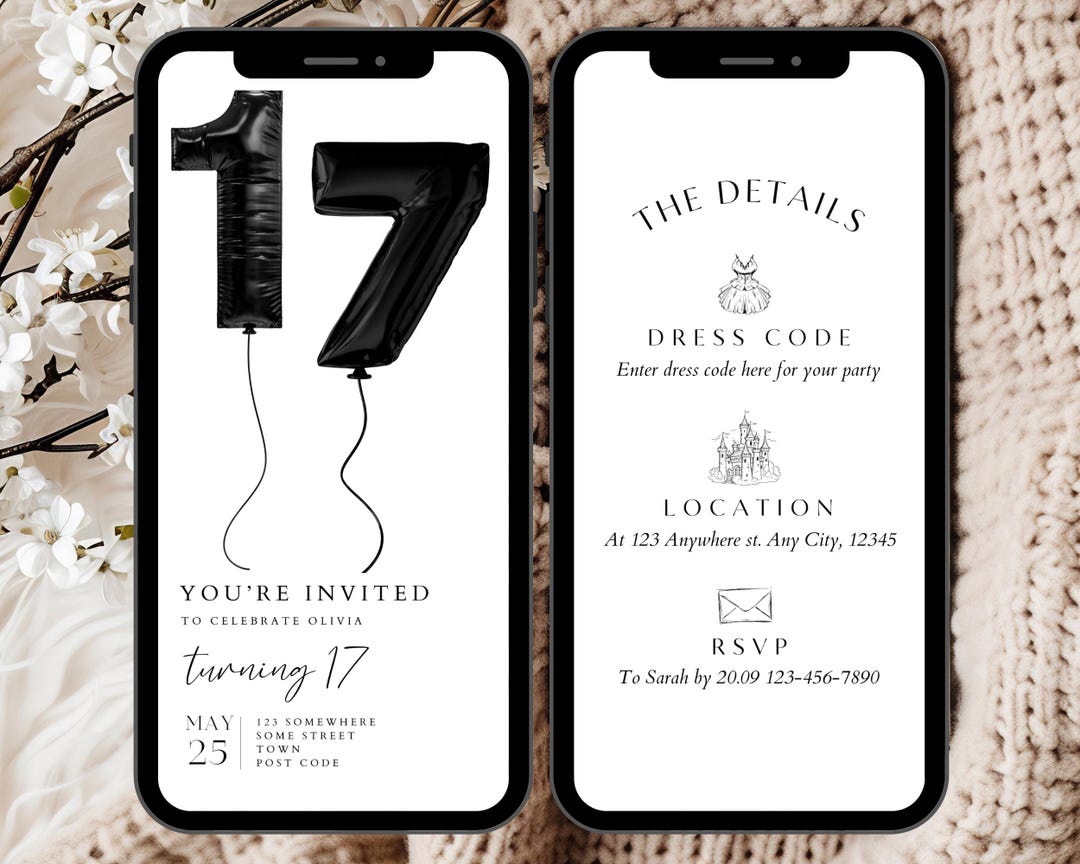 17th Birthday Party Invite Template, 17th Birthday Evite, Digital 17th ...