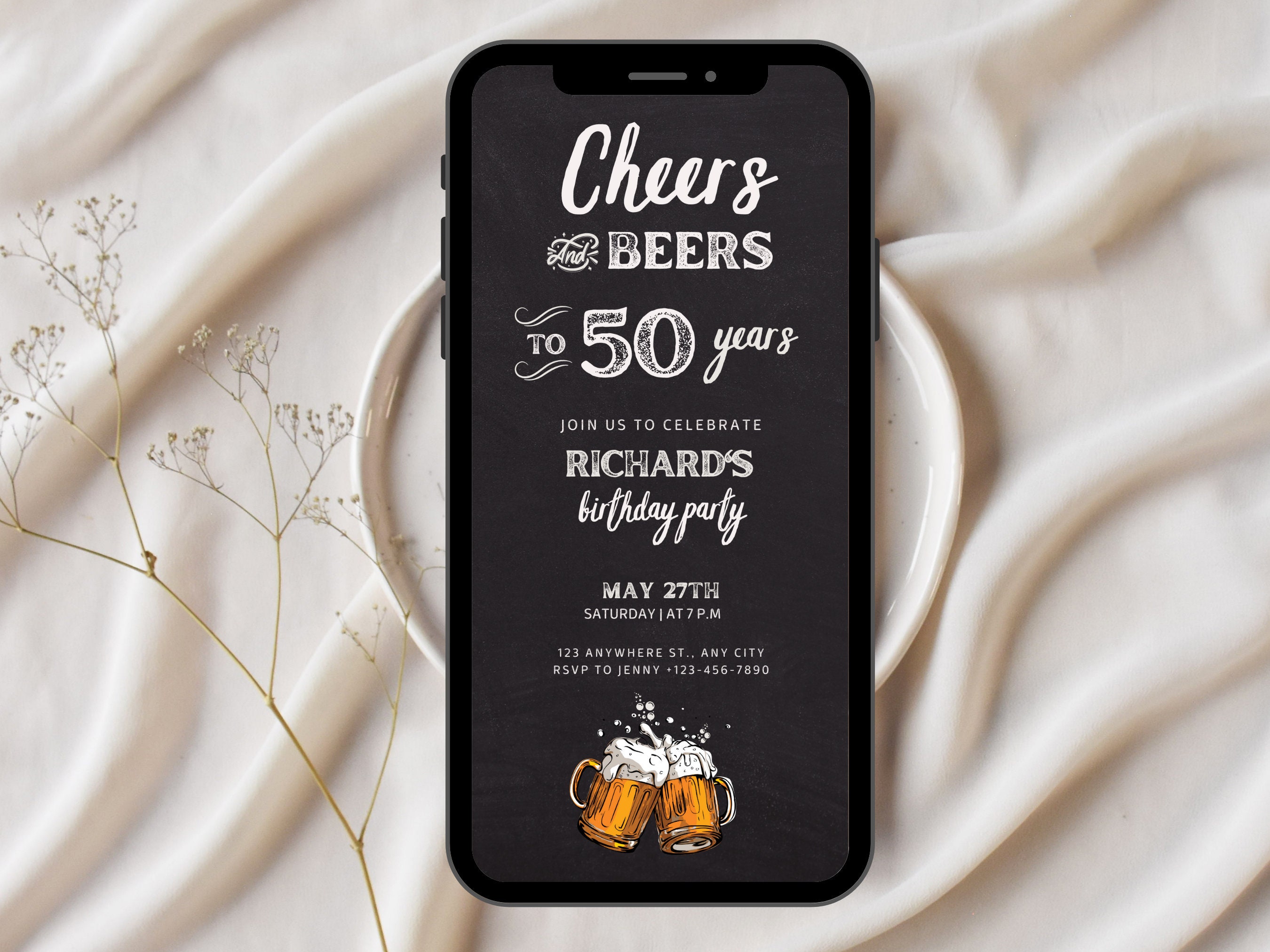50th Cheers and Beers Birthday Party Invitation, 50th Beer Birthday ...
