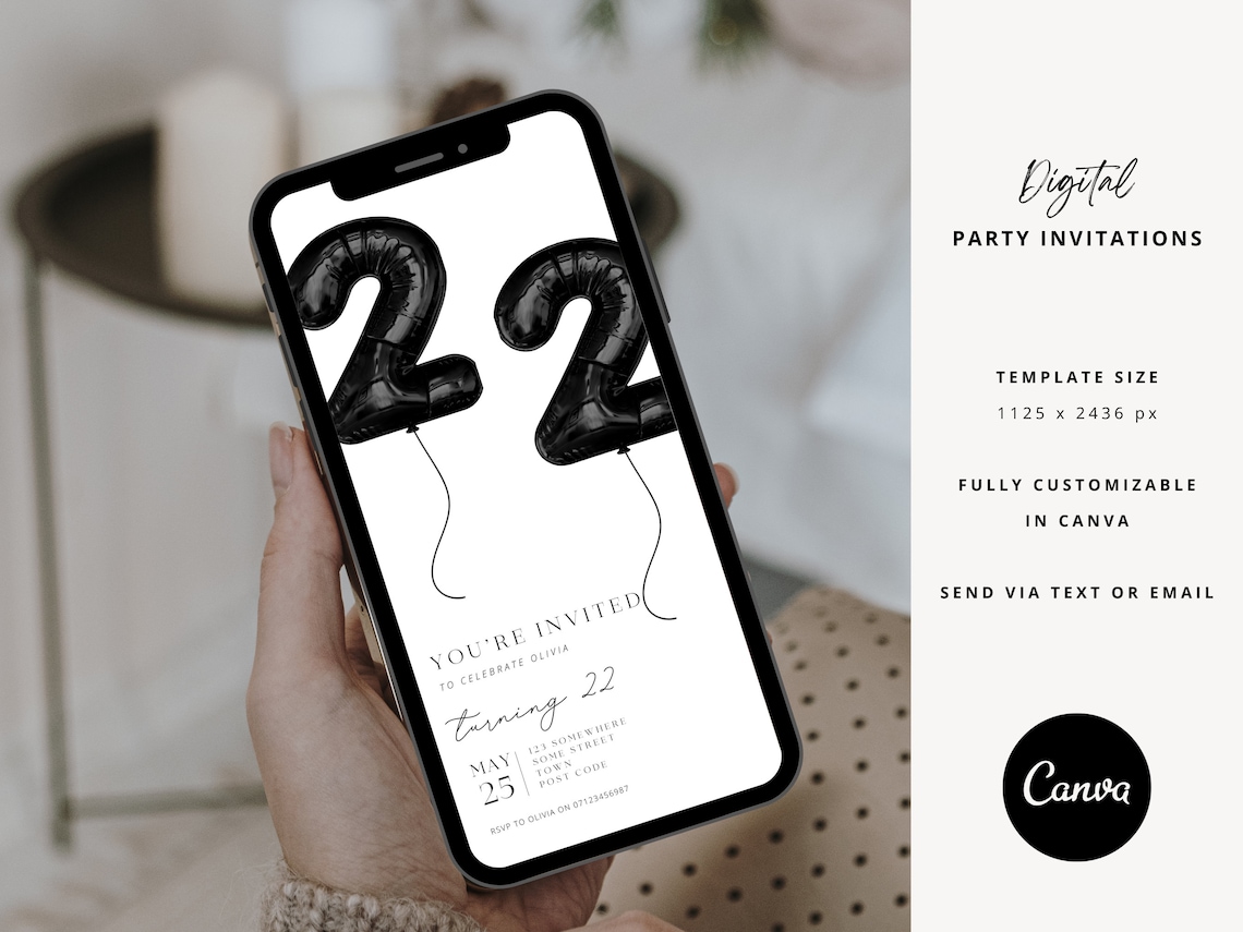 22nd Birthday Party Invitation, 22nd Birthday Invitation, Digital 22nd ...