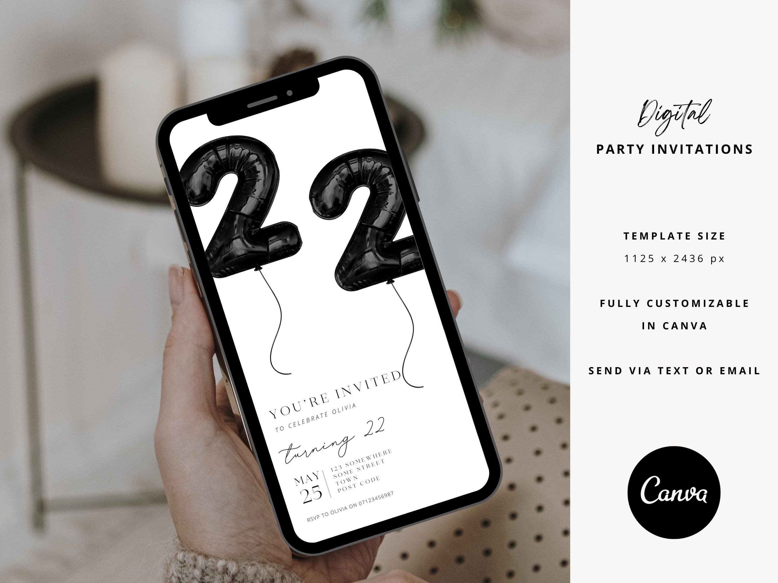 22nd Birthday Party Invitation, 22nd Birthday Invitation, Digital 22nd ...