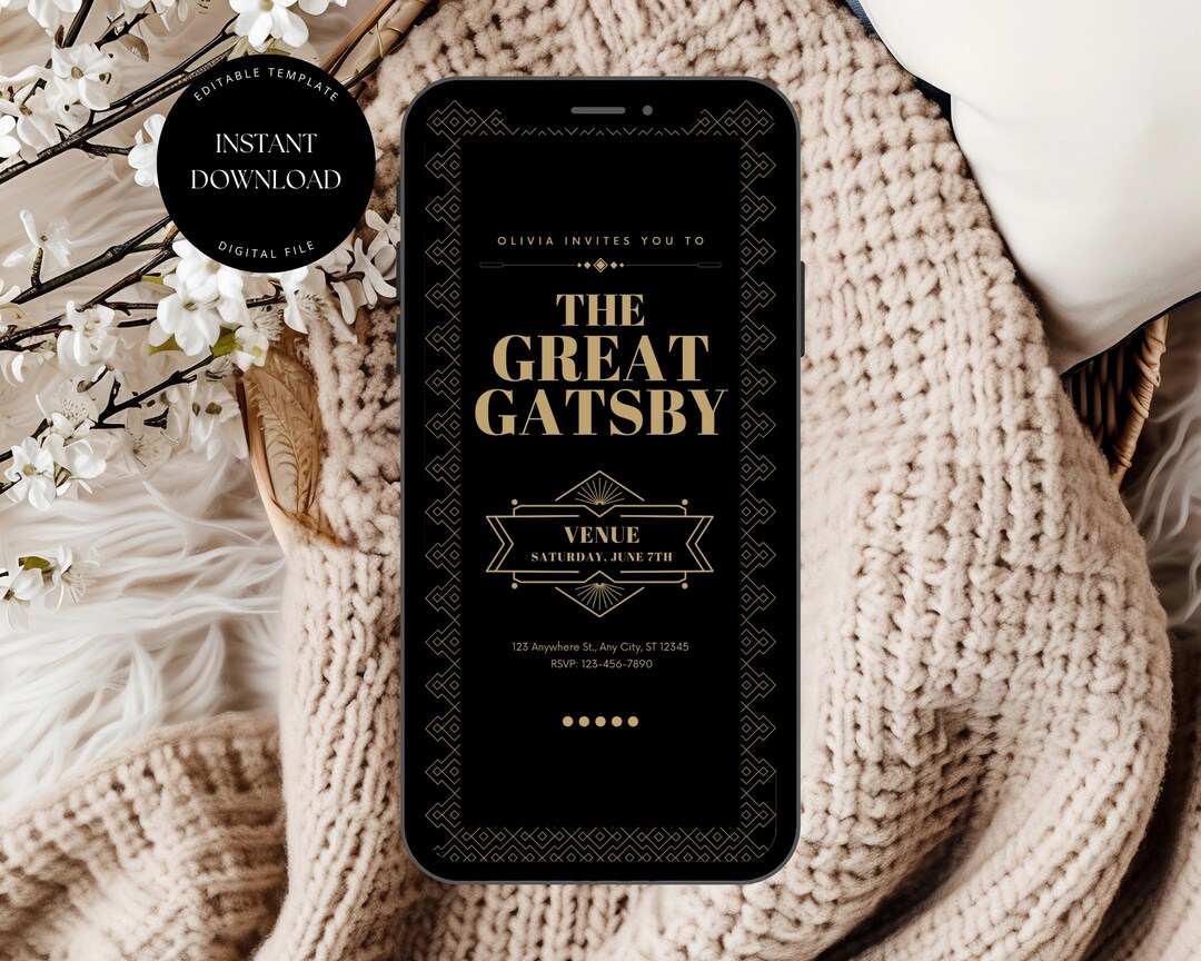 Great Gatsby 1920s Party Invitation Template, Art Deco Birthday Invite ...
