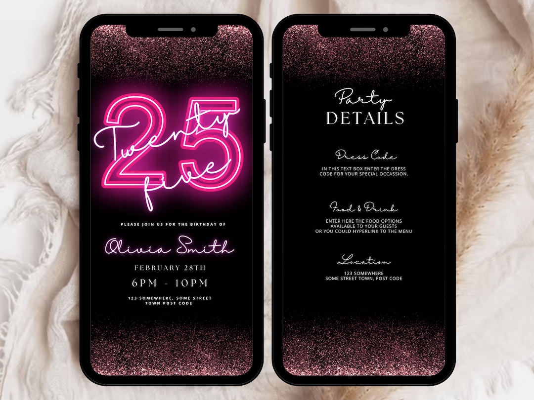 Digital 25th Birthday Invitation, Neon Party Invitation, 25th Birthday ...