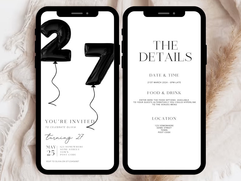 Digital 27th Birthday Invitation, Black Balloons, E-invite (digital ...