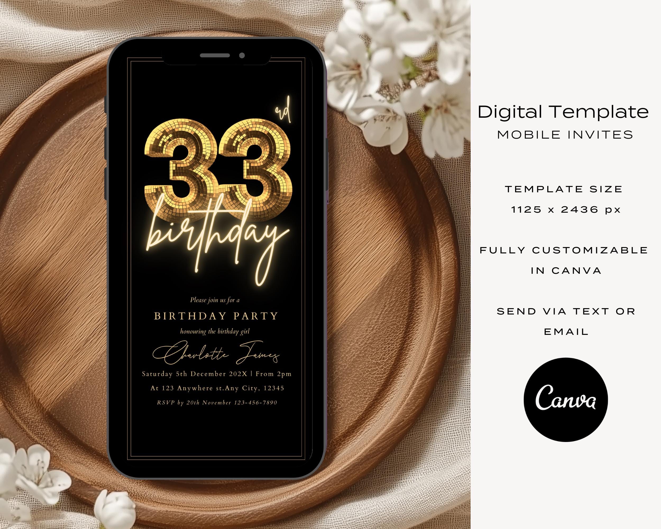 33rd Birthday Party Digital Invitation, Editable 33rd Birthday Party ...