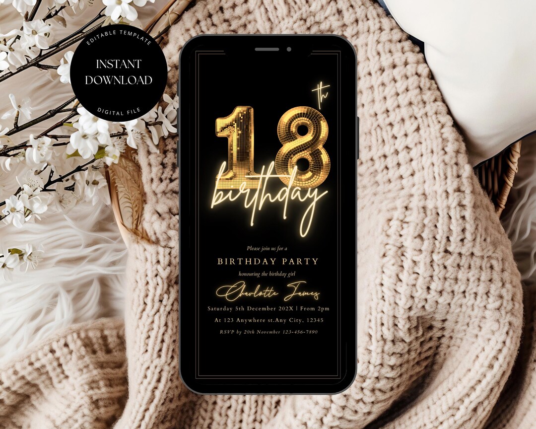 Editable 18th Birthday Party Invitation Template, Digital 18th Birthday ...