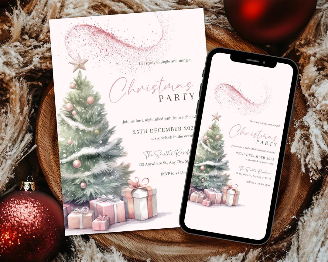 Editable Pink Christmas Party Invitation Template, Christmas Birthday ...