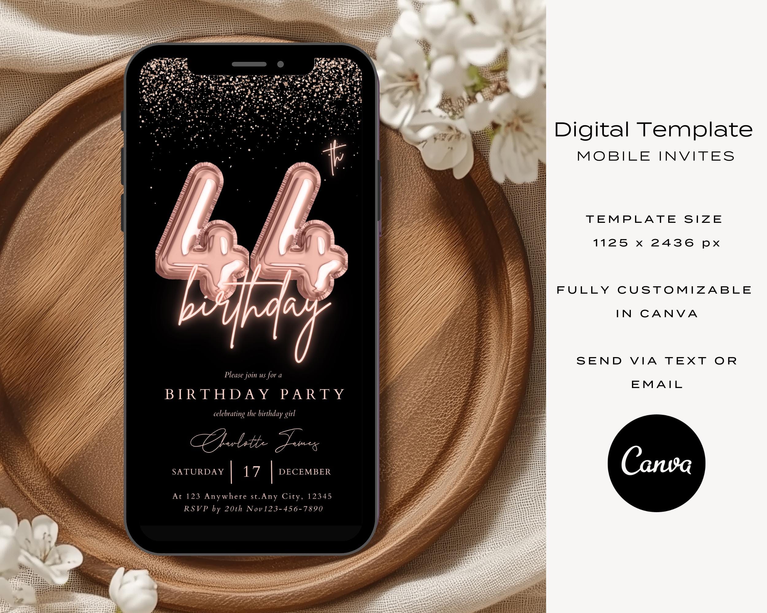 Editable 44th Birthday Party Invitation Template, 44th Self Editable ...