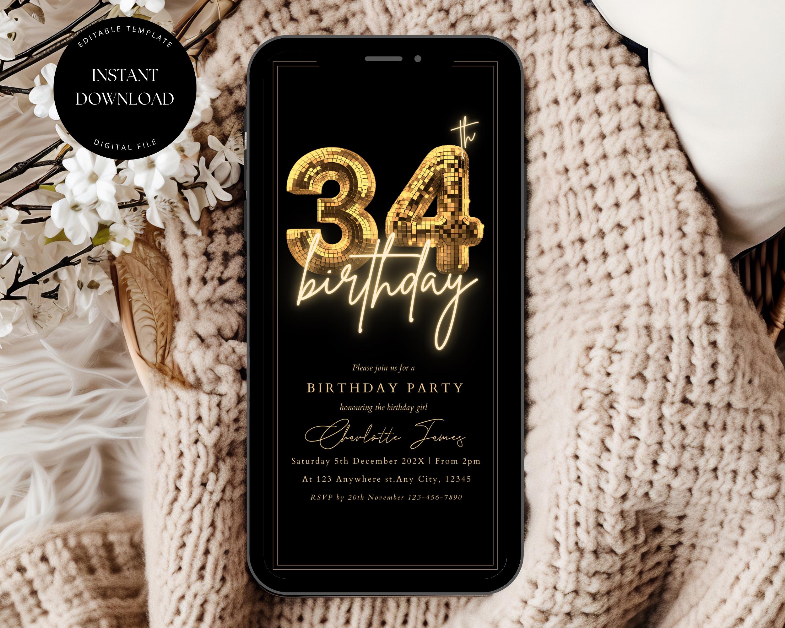 34th Birthday Party Invitation Template, Editable 34th Party Invitation ...