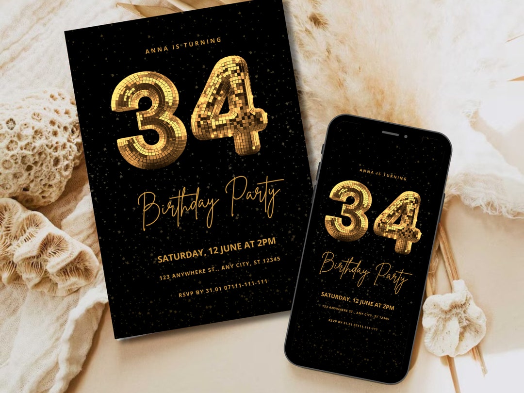 34th Birthday Party Invitation Template, Editable 34th Party Invite ...