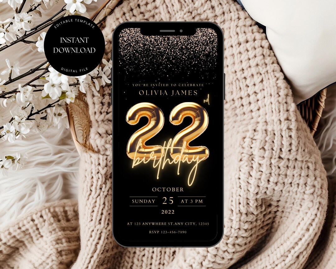 22nd Birthday Party Invitation Template, 22nd Digital Invitation for ...