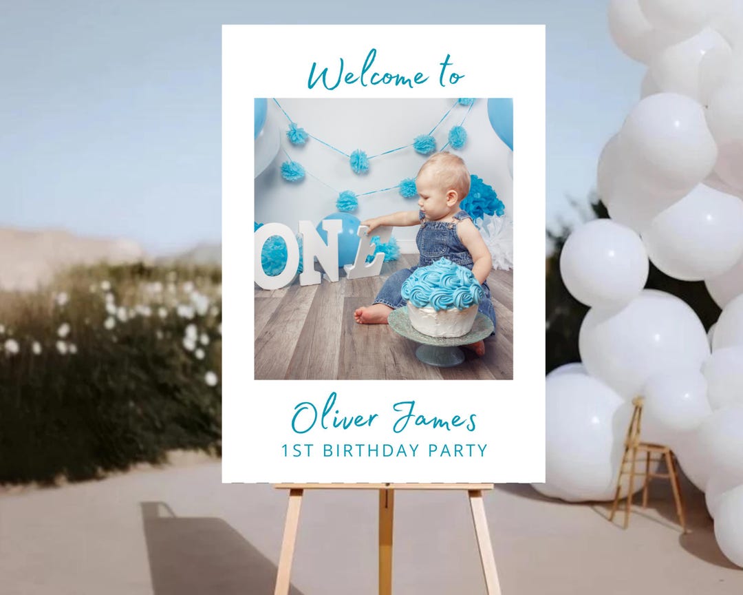Personalized Blue 1st Birthday Photo Welcome Sign Template (digital ...