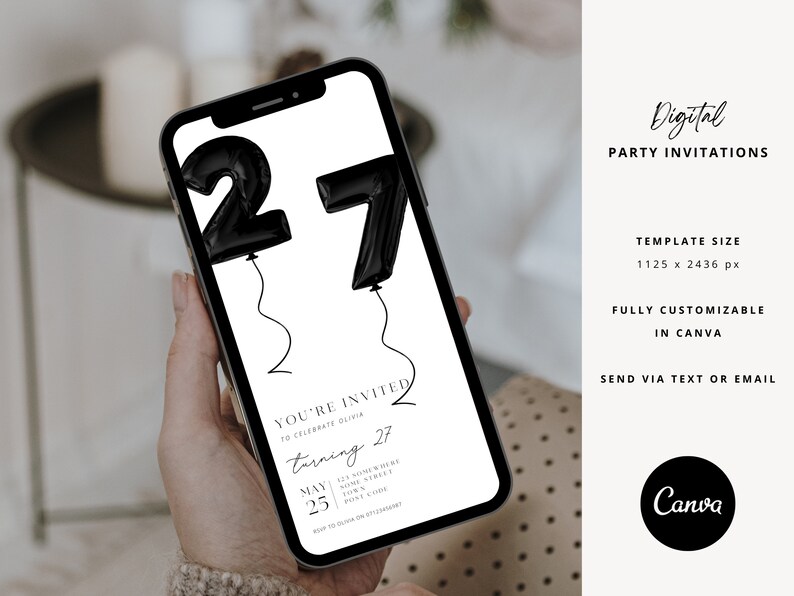 Digital 27th Birthday Invitation, Black Balloons, E-invite (digital ...