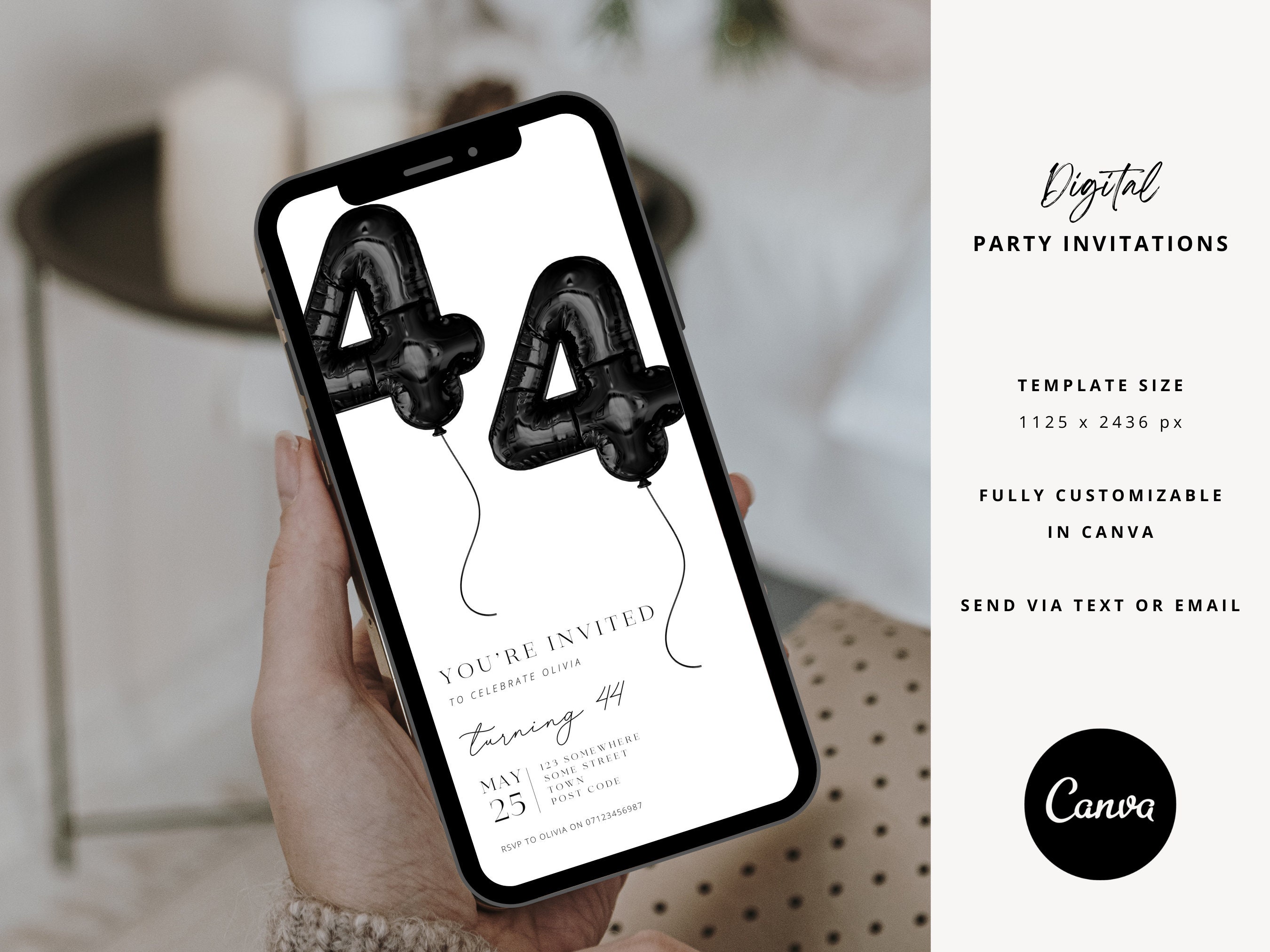 Digital 44th Birthday Invitation, 44th Birthday Party Invite, 44th ...