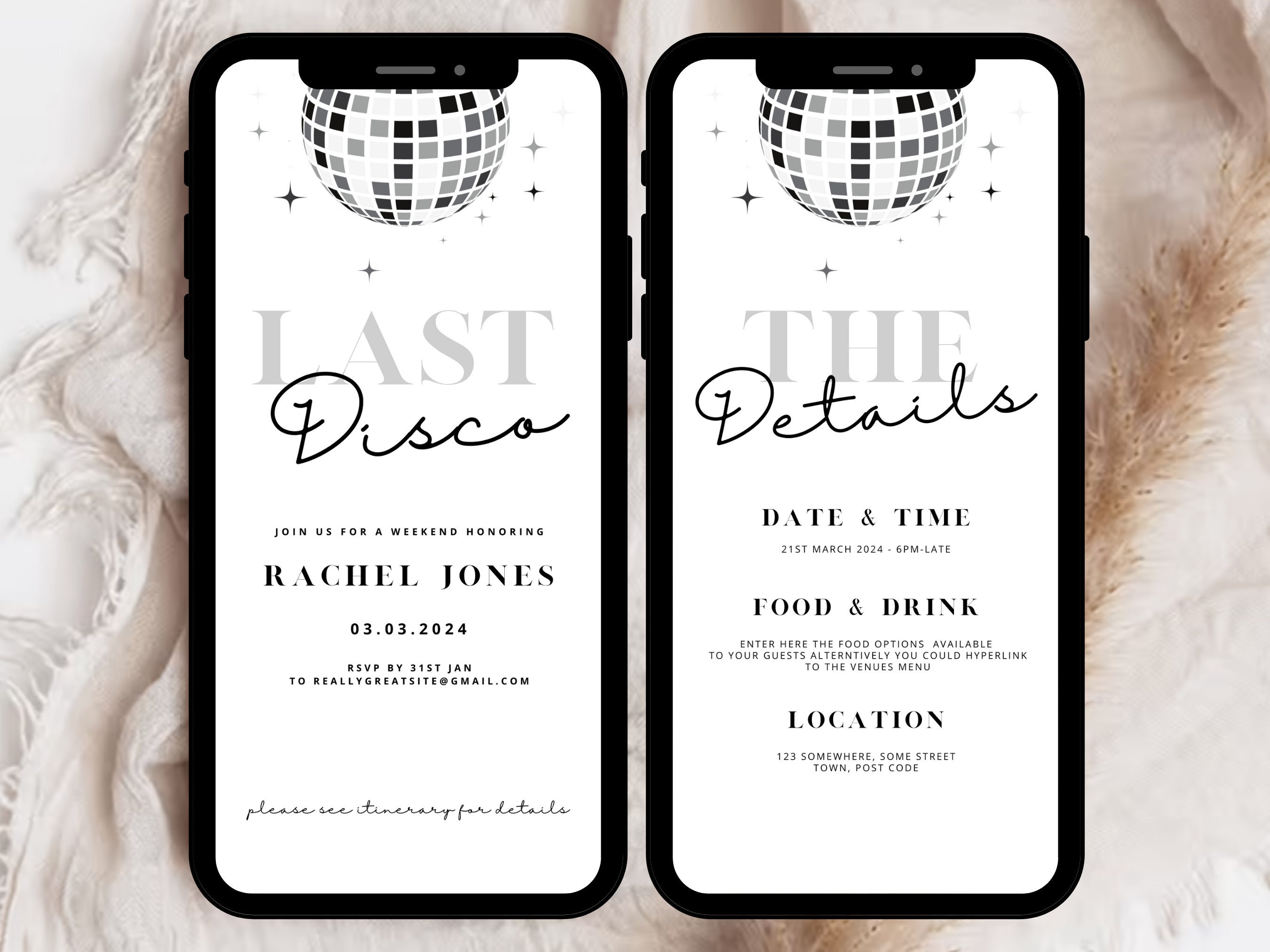 Last Disco Bachelorette Party Invitation With Itinerary Template, Last ...