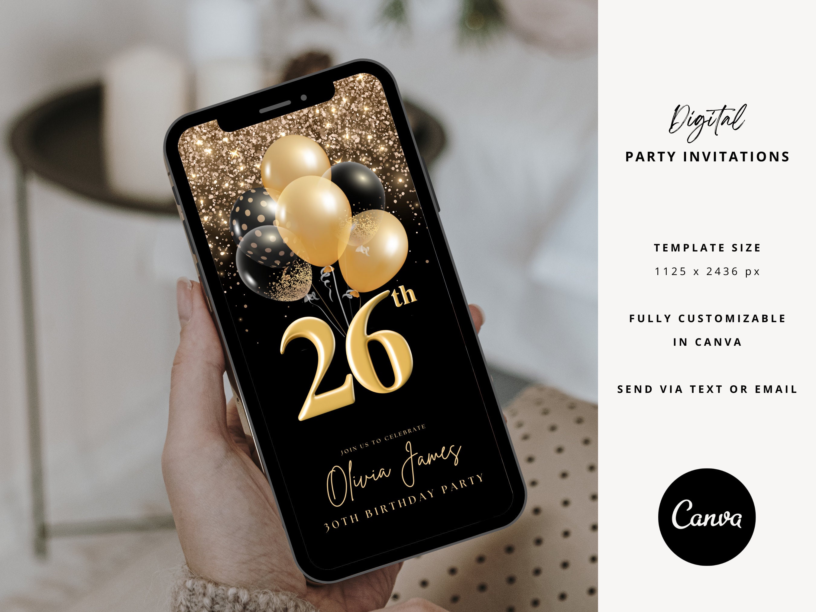 Digital 26th Birthday Invitation Template, Black and Gold Invitation ...