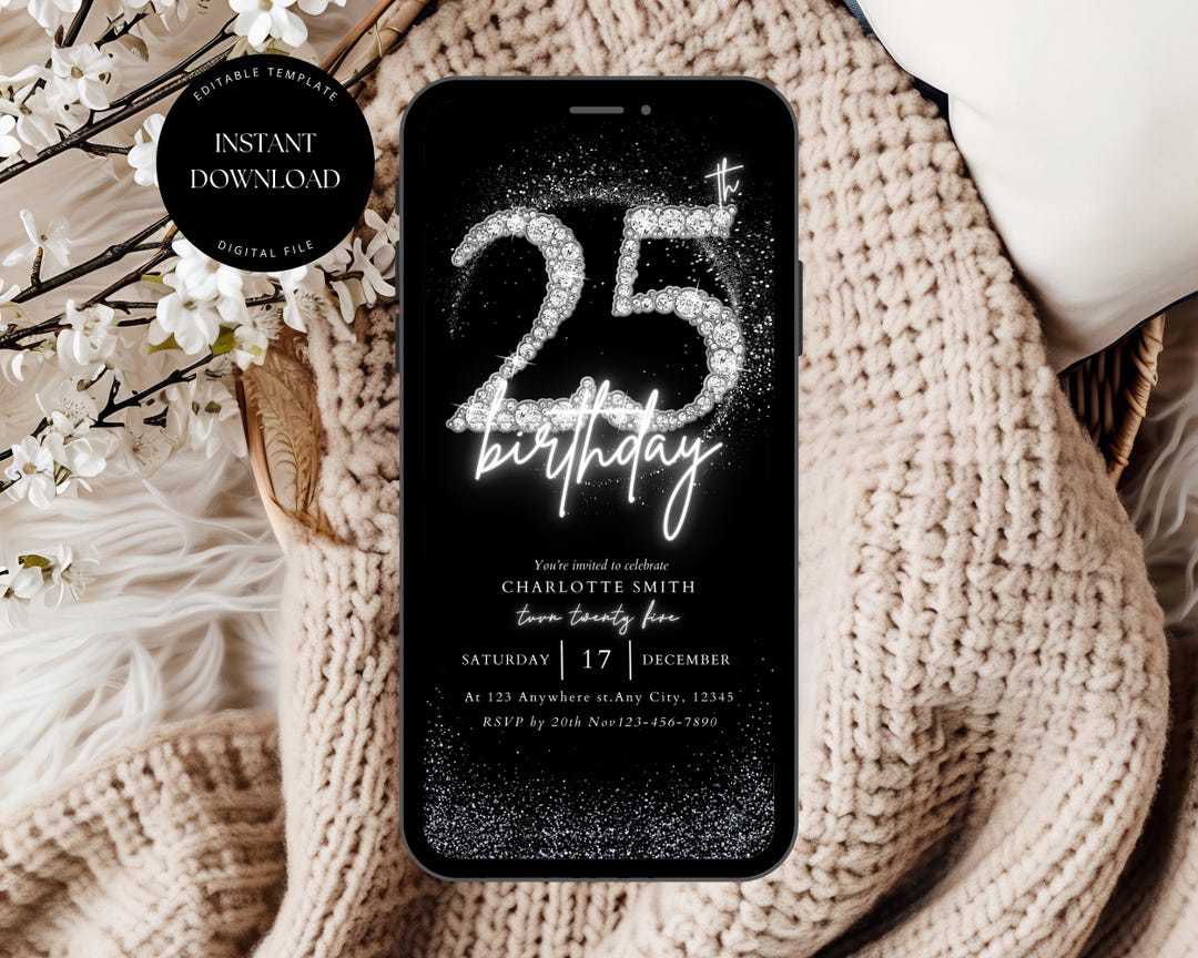 25th Birthday Party Invitation Template, Editable 25th Digital ...
