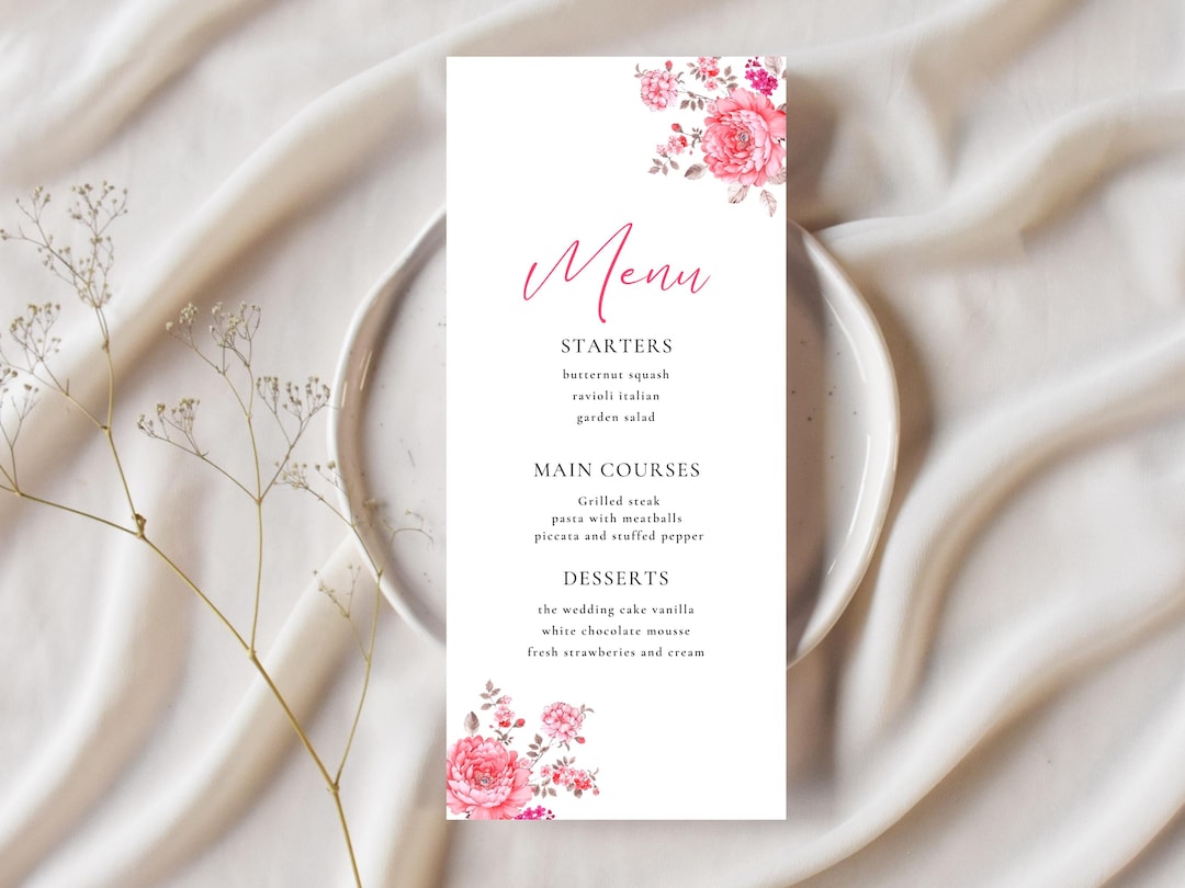 Pink Wedding Menu Card, Downloadable Wedding Shower Menu Template ...