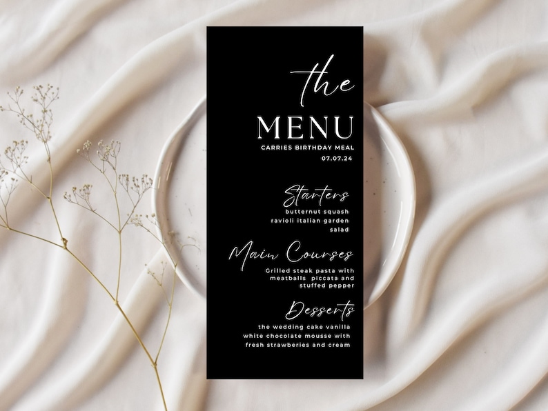 Modern Script Wedding Menu Template, Monochrome Wedding Table Menu ...