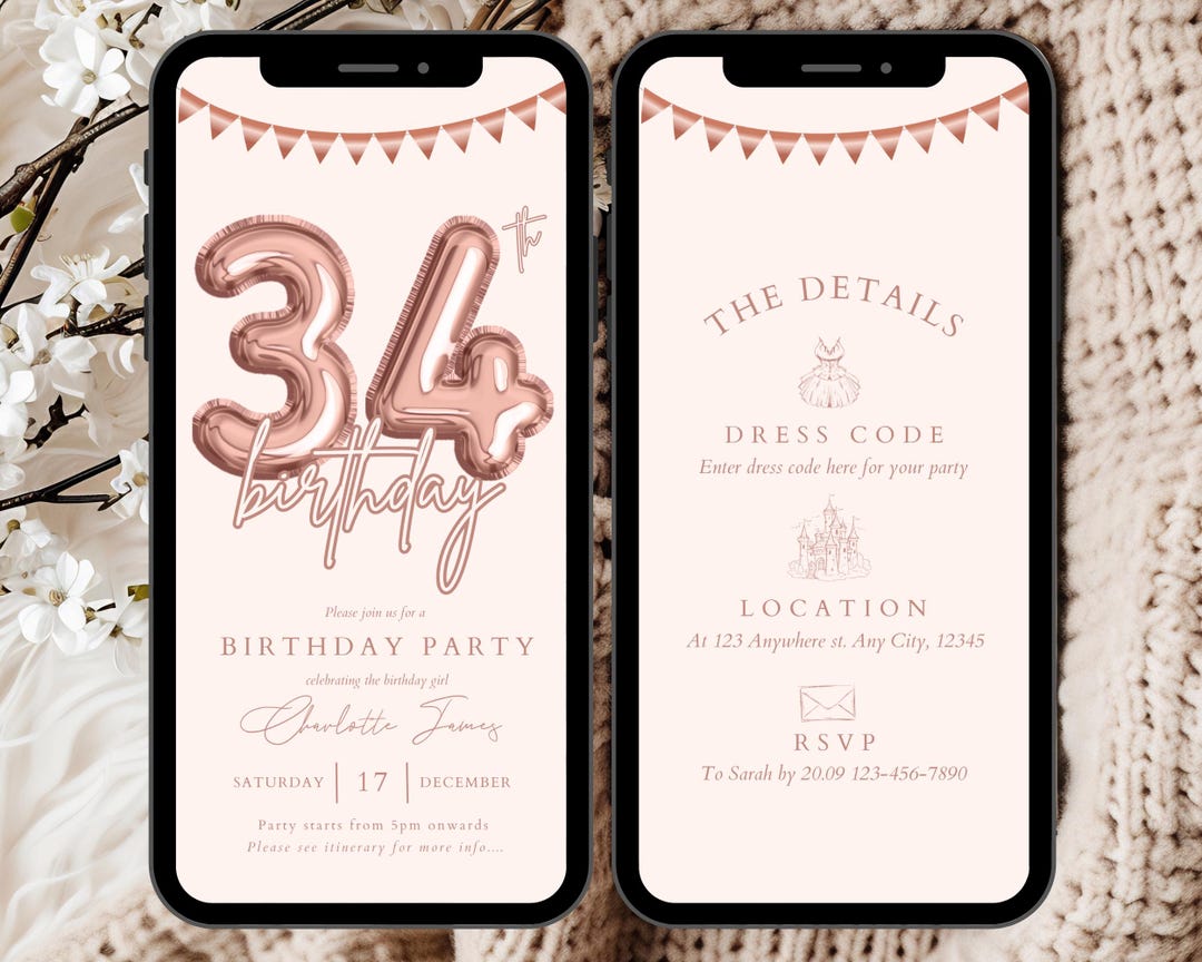 Editable 34th Birthday Party Invitation With Rsvp, 34th Digital ...