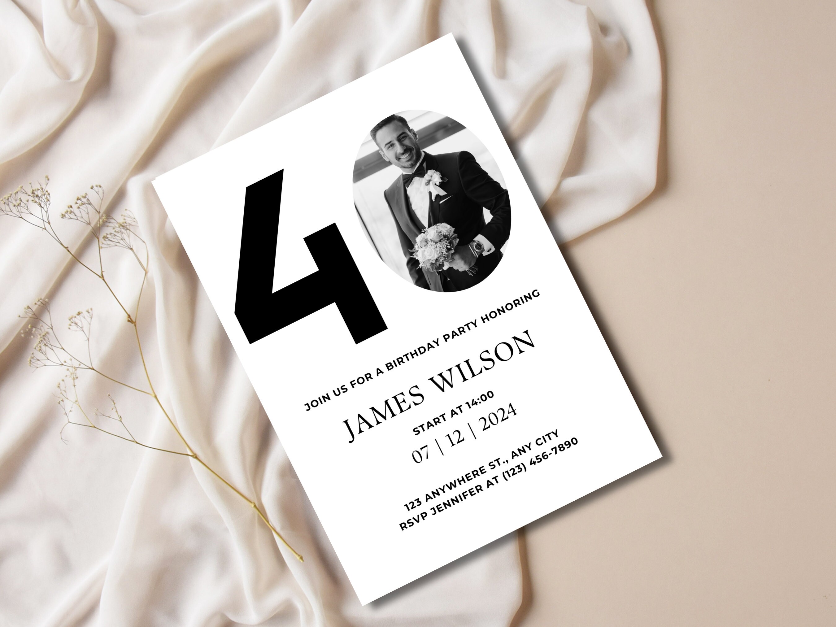 40th Invitation With Photo, 40th Birthday Invitation Template, Simple ...