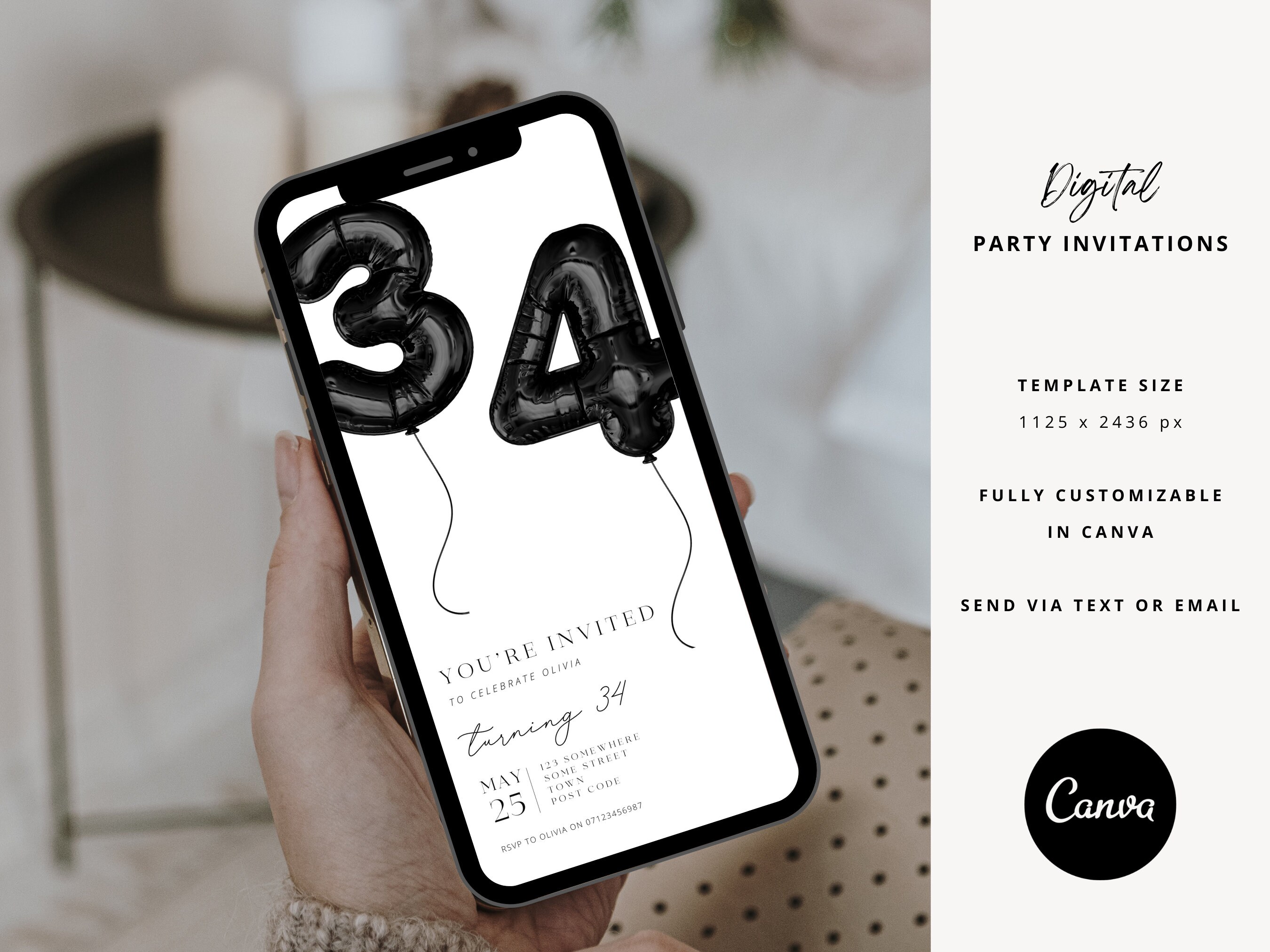 Digital 34th Birthday Invitation, 34th Birthday Party Invitation ...