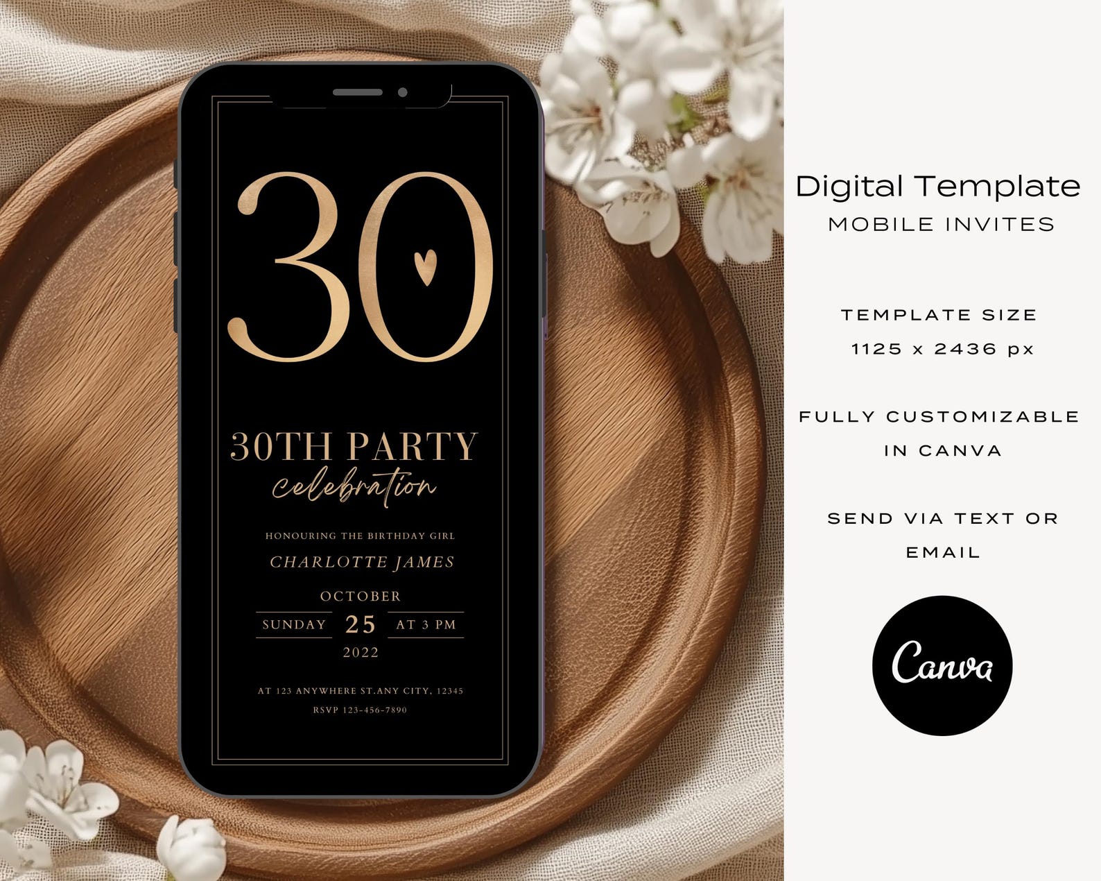 Digital 30th Birthday Party Invitation Template, Gold 30th Birthday ...