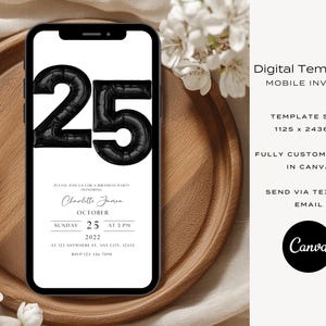 25th Birthday Invitation Template, Black Balloon, Modern Evite (digital ...