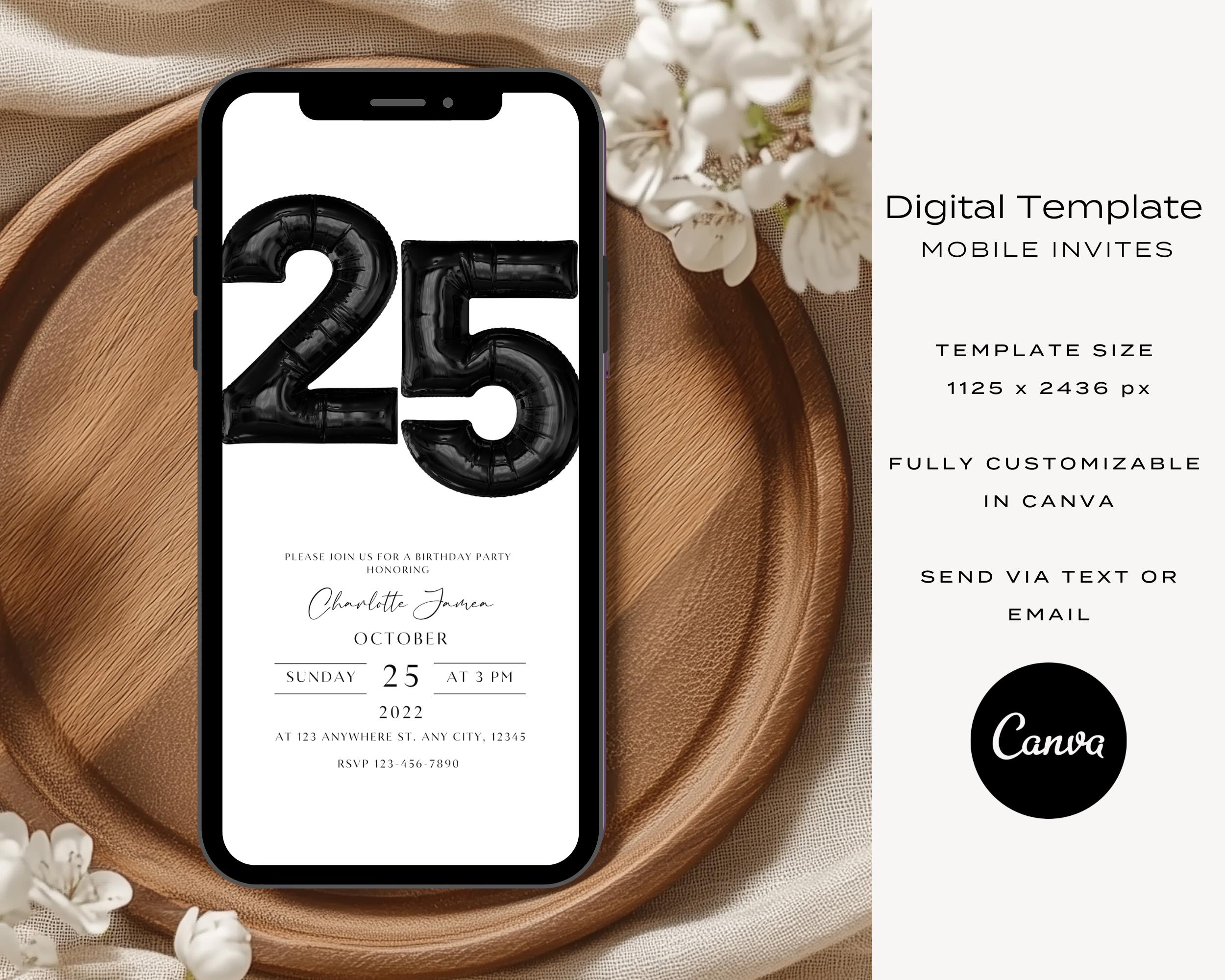 25th Birthday Party Invitation Template, Digital 25th Birthday ...
