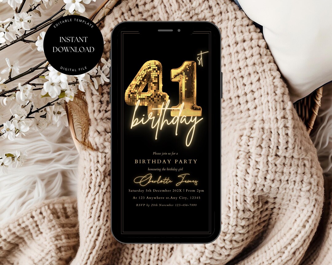 41st Birthday Party Digital Invitation, Editable 41st Birthday ...