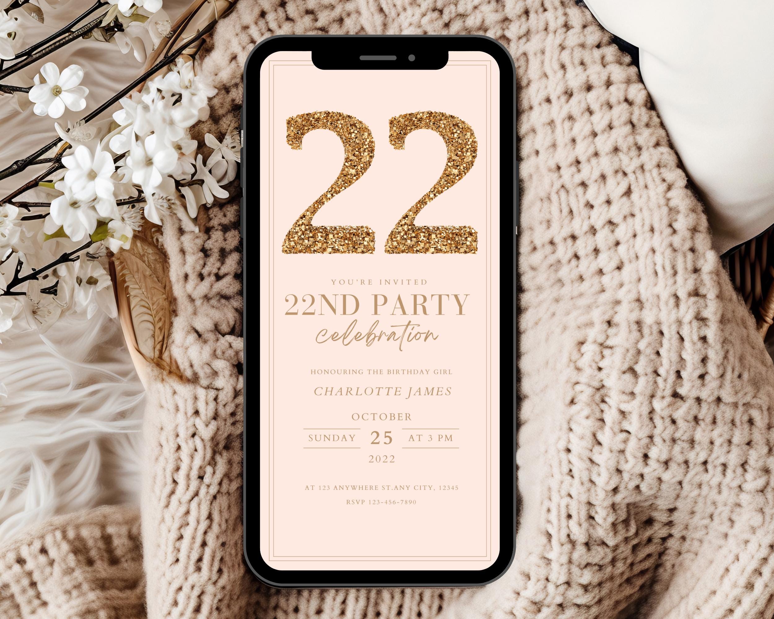 22nd Birthday Party Invitation Template, Editable 22nd Birthday ...
