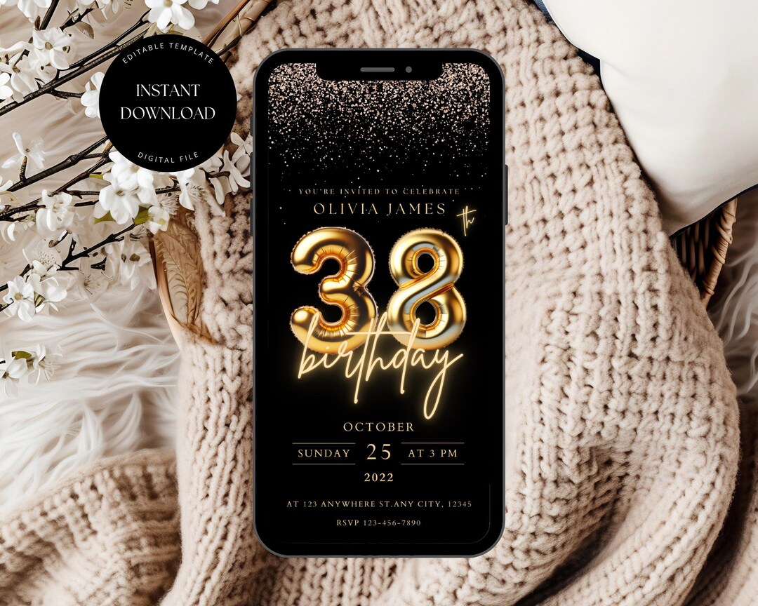 Digital 38th Party Invitation Template, Editable 38th Birthday ...